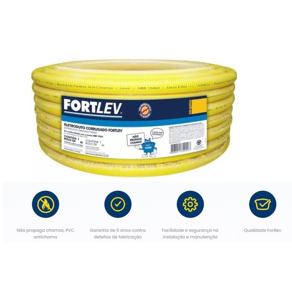 Eletroduto Corrugado Conduite 32mm. 1" 25m. Antichama Amarelo - Fortlev
